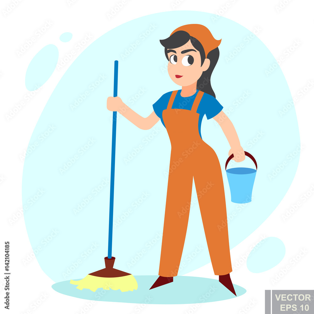 Cartoon cute girl In overalls with swab and bucket. Ready for cleaning ...