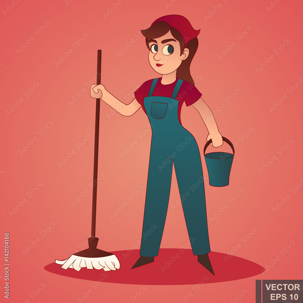 Cartoon cute girl In overalls with swab and bucket. Ready for cleaning ...