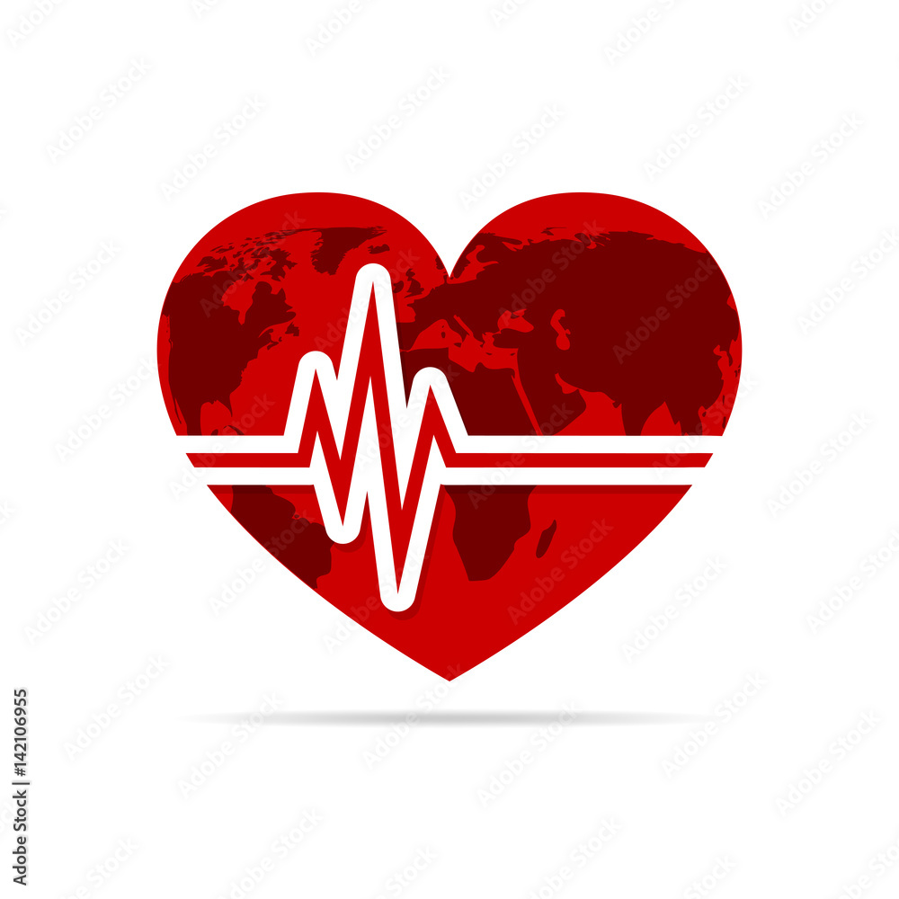 Heart with heartbeat icon and world map. Vector illustration. Stock ...