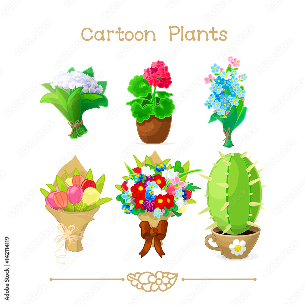 Plantae series cartoon plants: flower bouquets Stock Vector | Adobe Stock