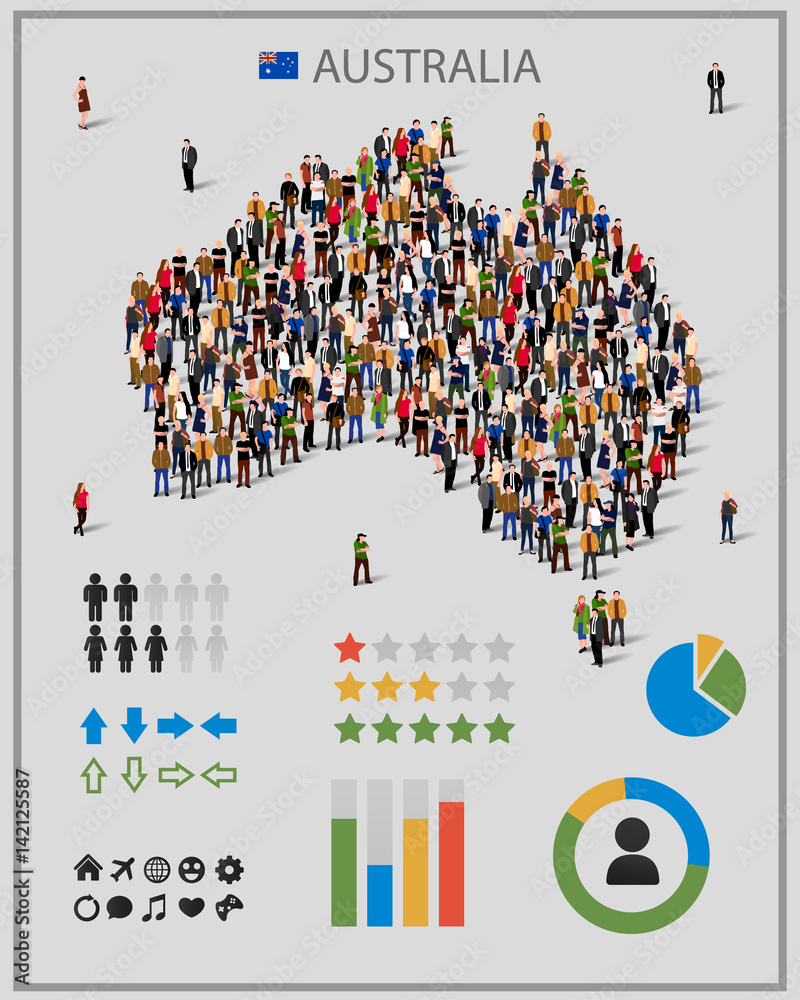 Large group of people in form of Australia map with infographics ...