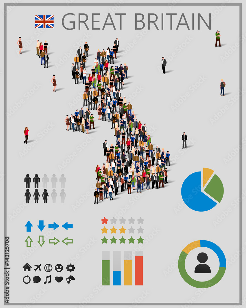 Large group of people in form of Great Britain map with infographics ...