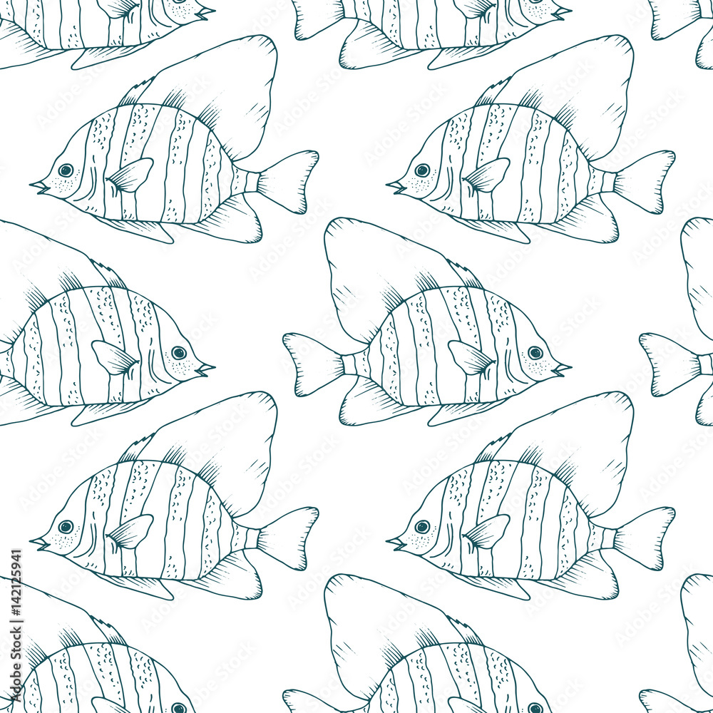 Vector seamless pattern with zebra fish, coral fish hand drawn colorful ...