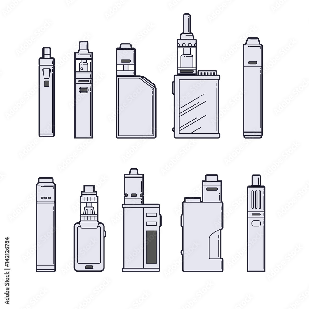 Vaping vector set. Vape devices outline on white background. Stock ...