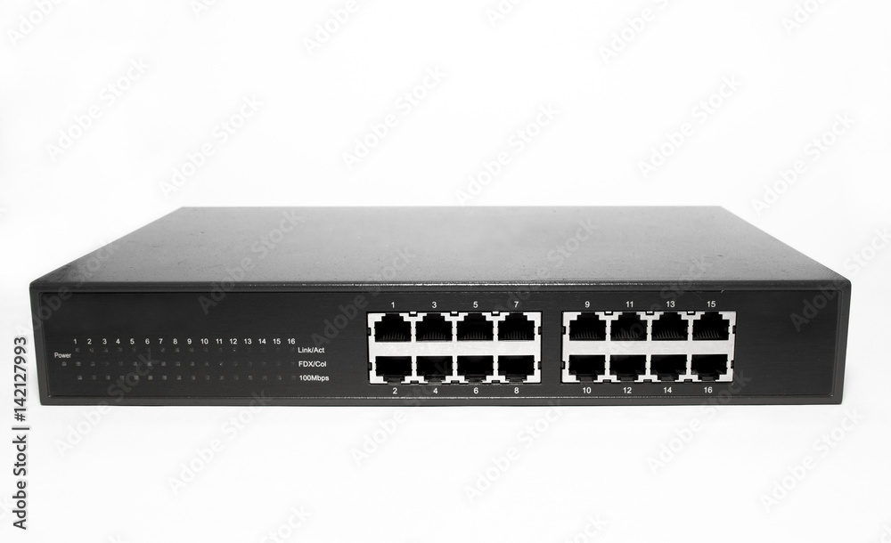 Network switch on white isolated background. Stock Photo | Adobe Stock