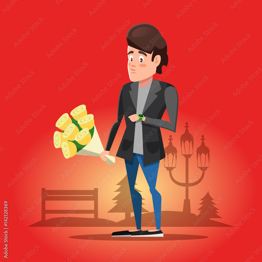 Young Guy Waiting for his Girlfriend with Flowers. Vector cartoon ...