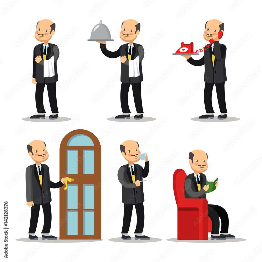 Butler Cartoon Set. Man with Serving Tray. Vector illustration Stock ...