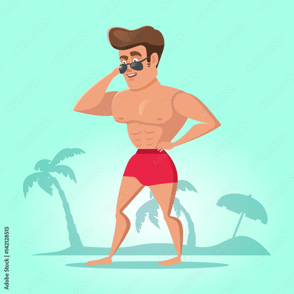 Bodybuilder Cartoon Posing on the Beach. Healthy Lifestyle. Vector ...