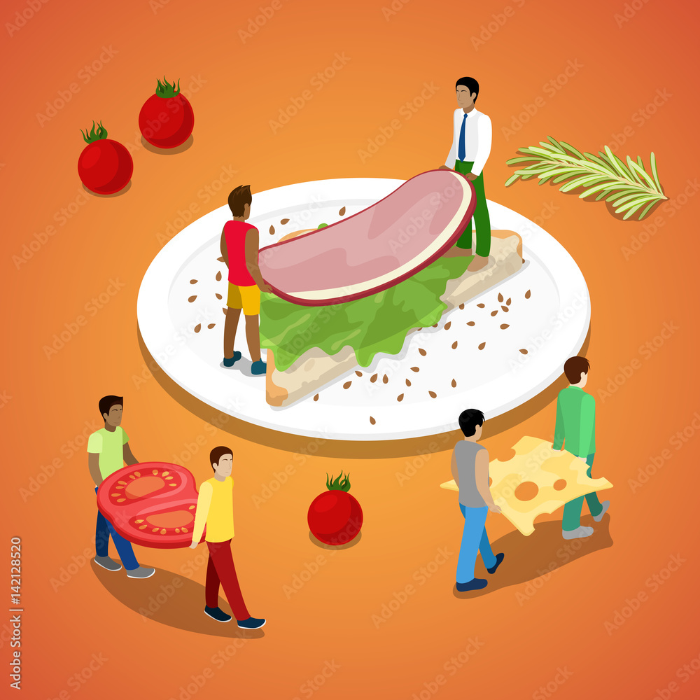 Miniature People Making Sandwich with Ham and Cheese. Healthy Food ...
