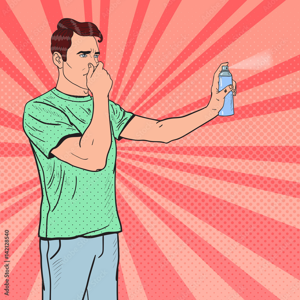 Pop Art Man Spraying Can of Air Freshener. Vector illustration Stock ...