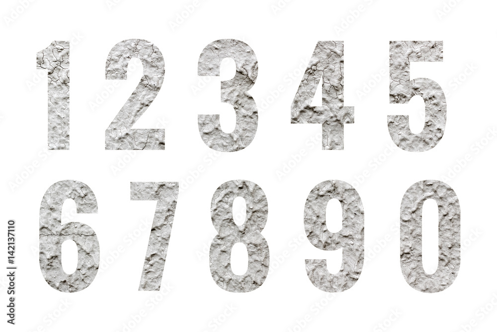 Numbers gray plaster texture set isolated on white background. Abstract ...
