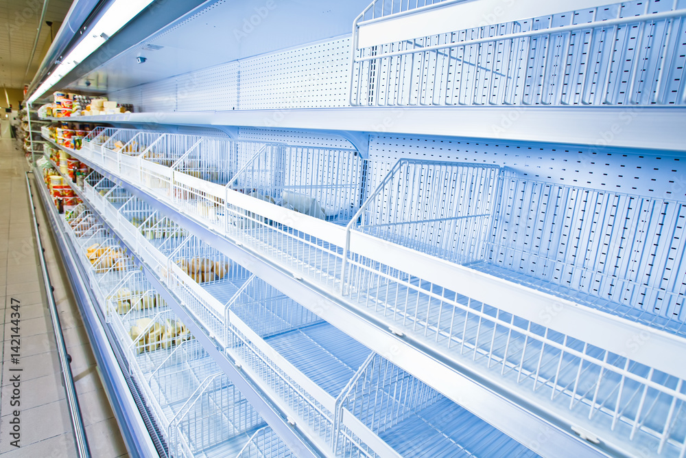 Refrigerated counter. Empty counters. Retail store equipment. Stock ...