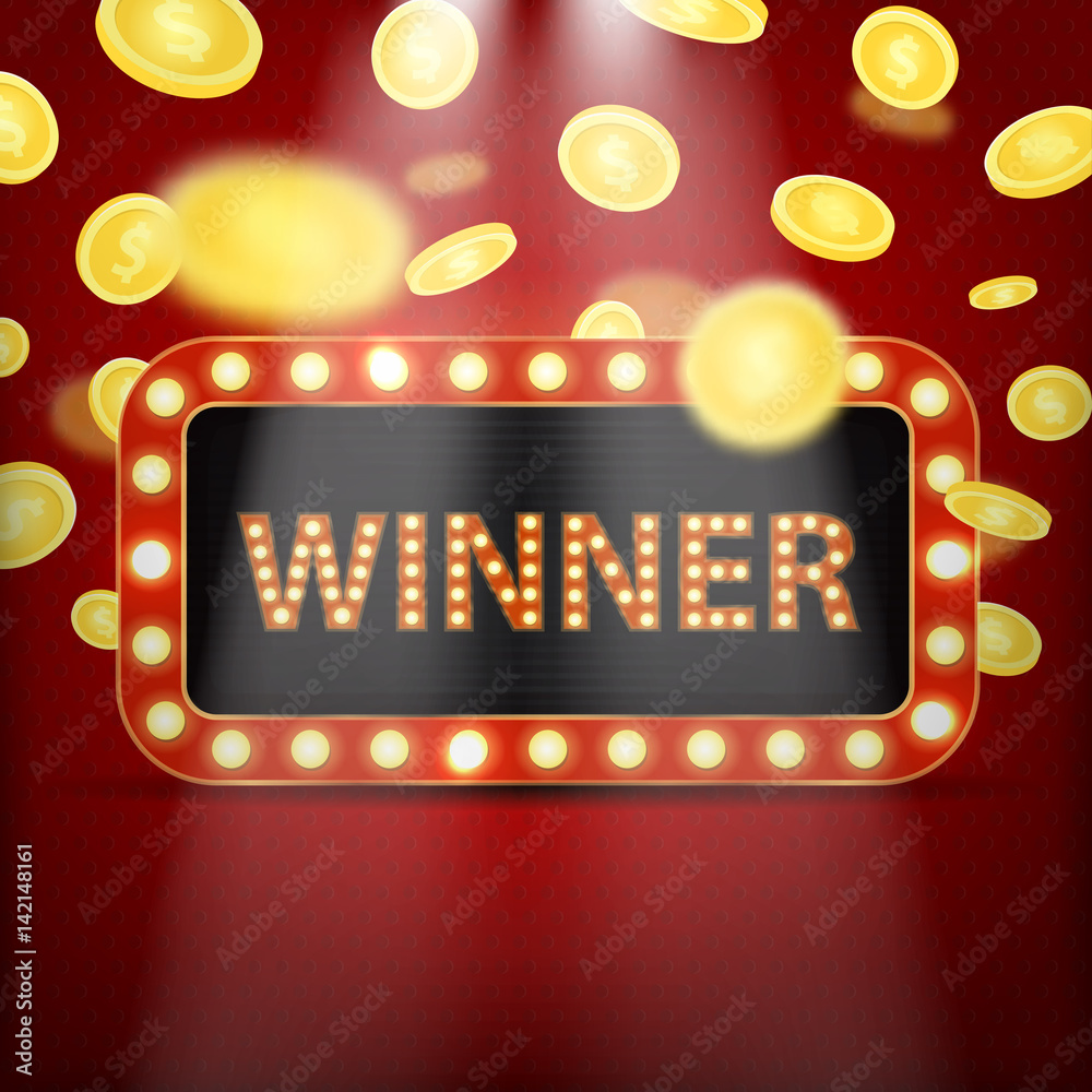 Vector retro neon billboard for winner with coins and glowing lamps on ...