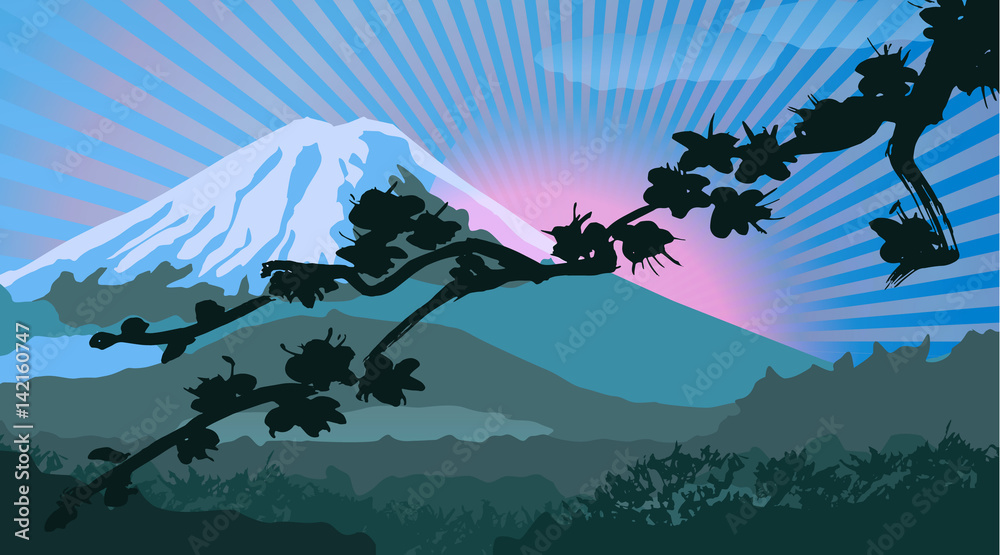 Stylized Mount Fuji in Japan. Landscape. Vector design. Silhouette of a flowering sakura branch ...