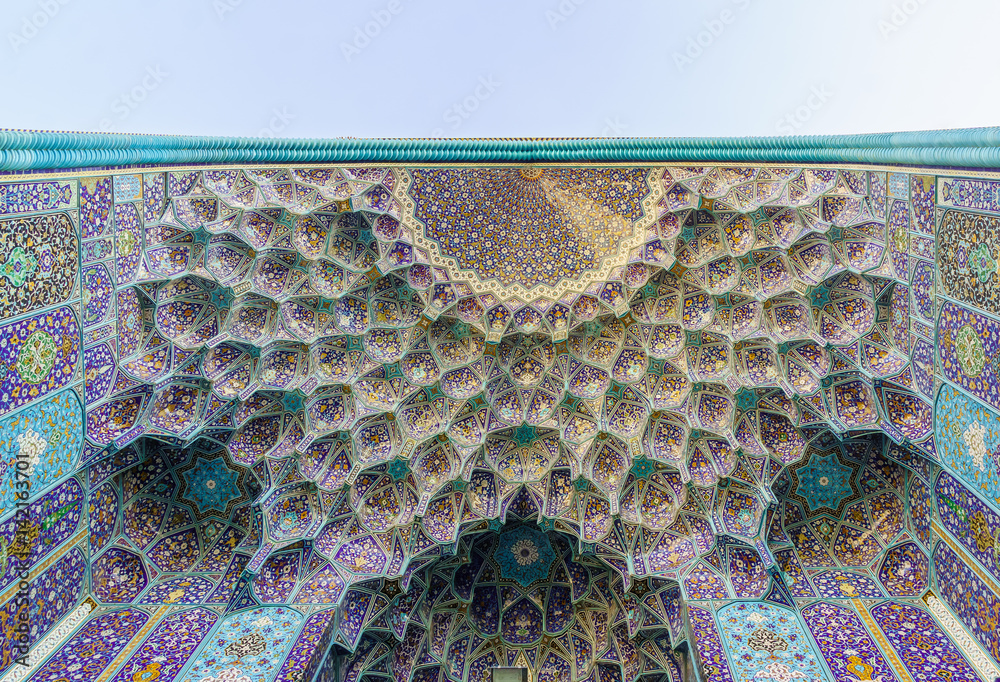 Mosaic at entrance gate of Shah mosque in Isfahan - Iran Stock Photo ...
