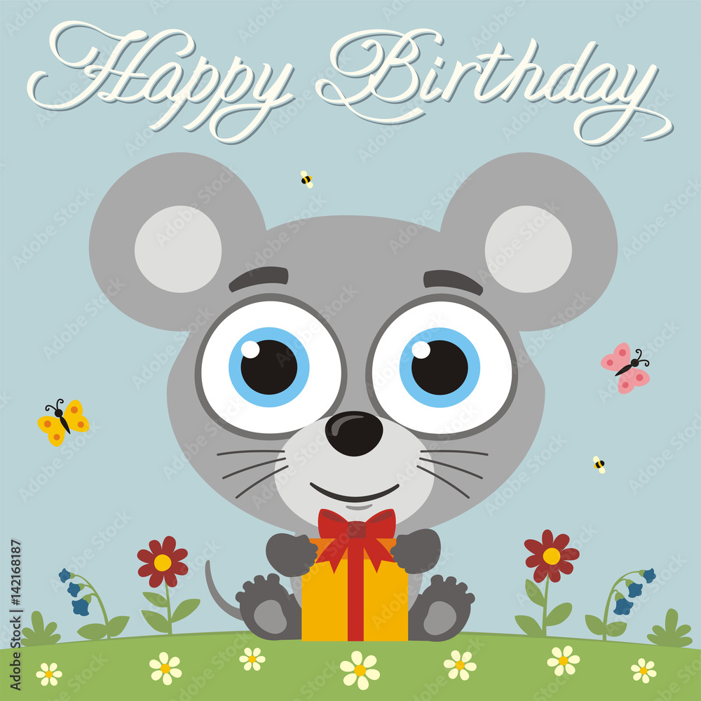 Happy birthday! Funny little mouse with birthday gift in cartoon style ...