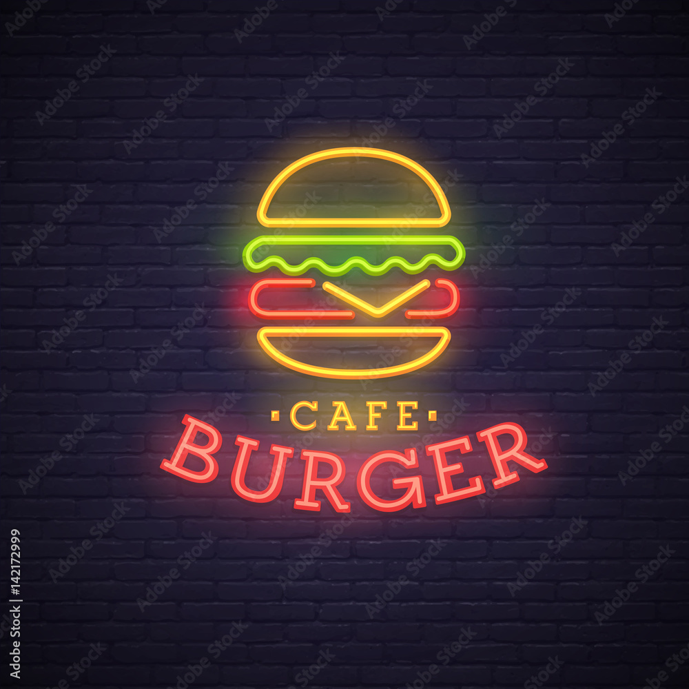 Burger neon sign, bright signboard, light banner. Burger logo, emblem ...