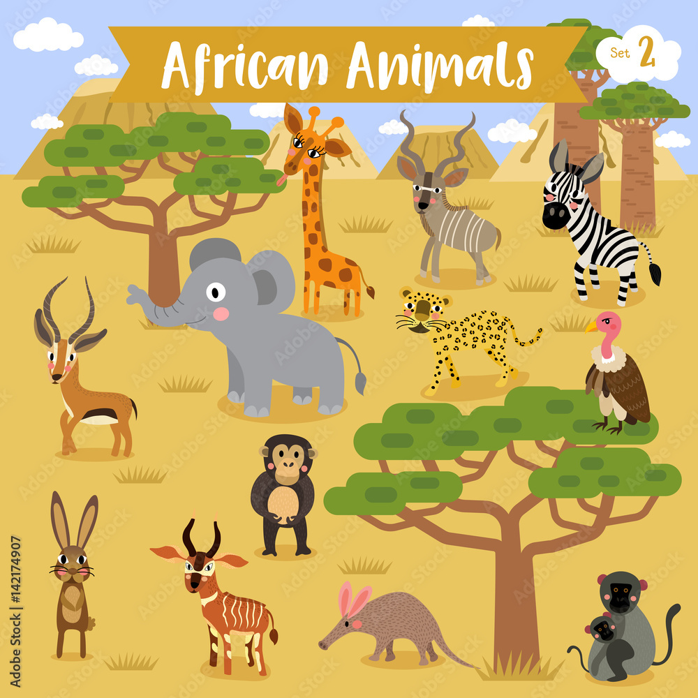 African Animals cartoon with africa landscape background, Vector ...