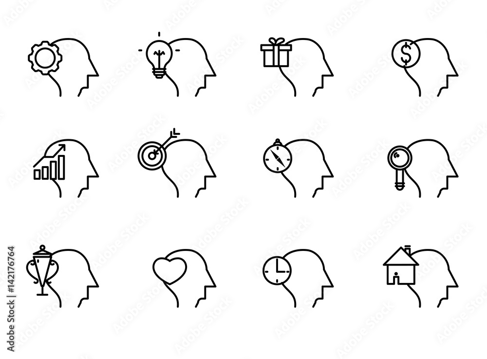 Icons of the head with business symbols. Concept for business ideas ...