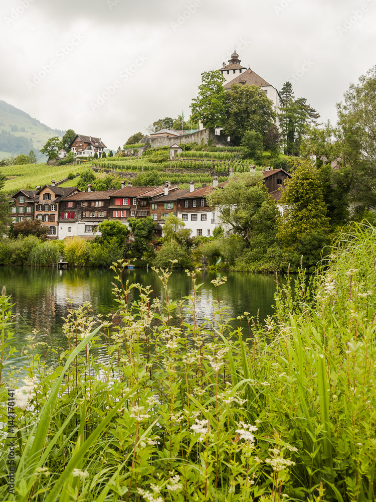 Stockfoto Werdenberg, Buchs, Altstadt, Stadt, Schloss, See, Spazierweg ...