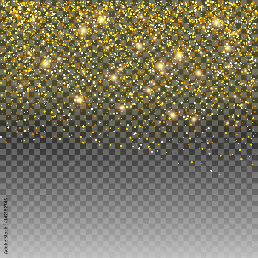 Glitter gold particles light shine effect on transparent vector ...