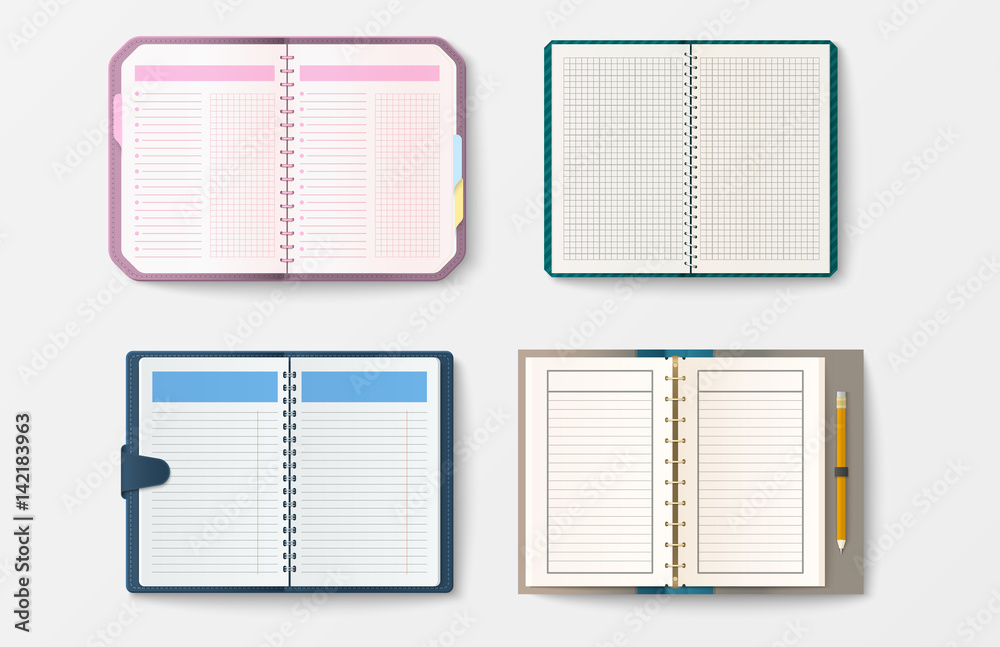 Set of open realistic notebooks with pages diary office sheet template booklet and blank paper ...