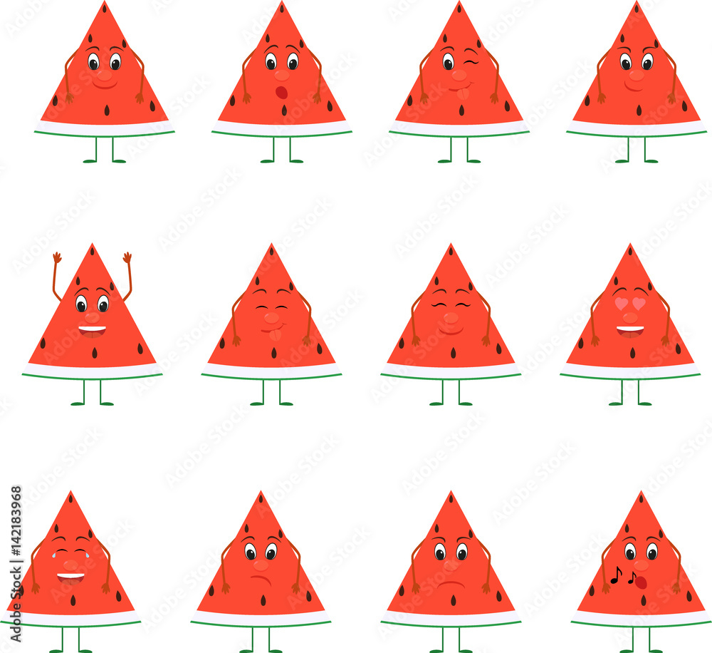 Emoticons fruit vector set. Emoji cute Watermelon with face. Stock ...