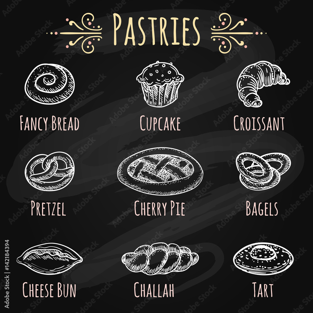 Vintage bakery and baked food chalk sketch poster. Vector hand drawn ...