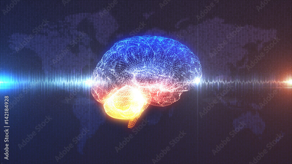 Brain wave - profile view of CGI rendered brain with electrical current ...
