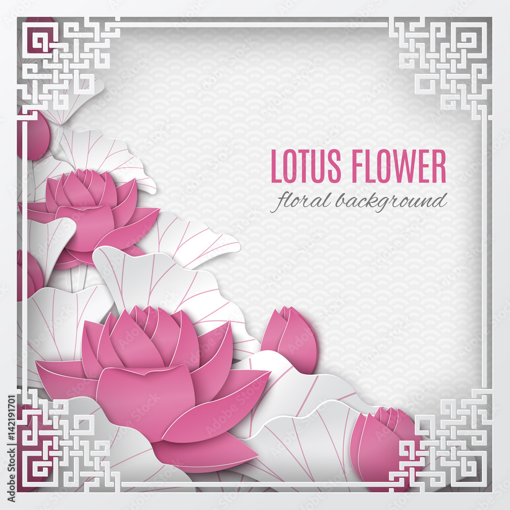 Oriental floral background with pink lotus flowers and ornate cut frame ...