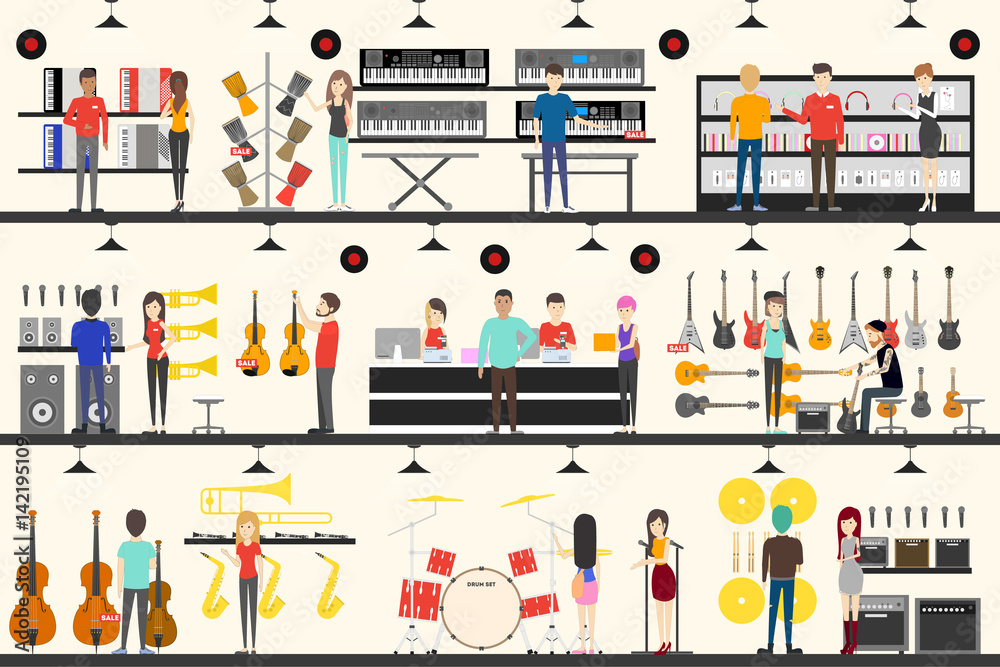 musical instrument store interior vector illustration set Stock Vector ...