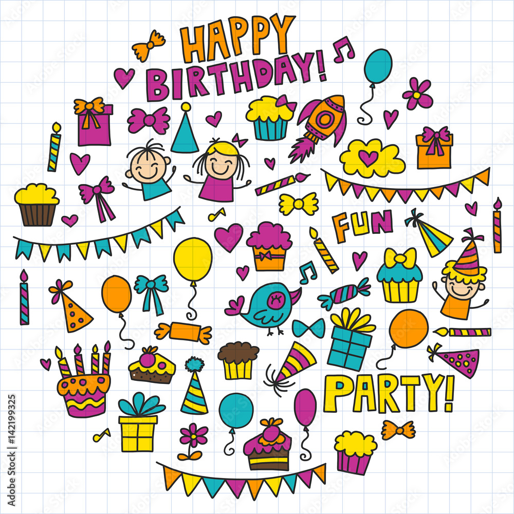 Vector kids party Children birthday icons in doodle style Illustration ...