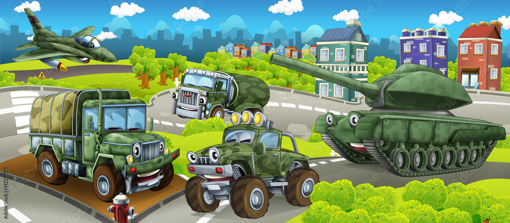 cartoon stage with different military machines colorful and cheerful ...