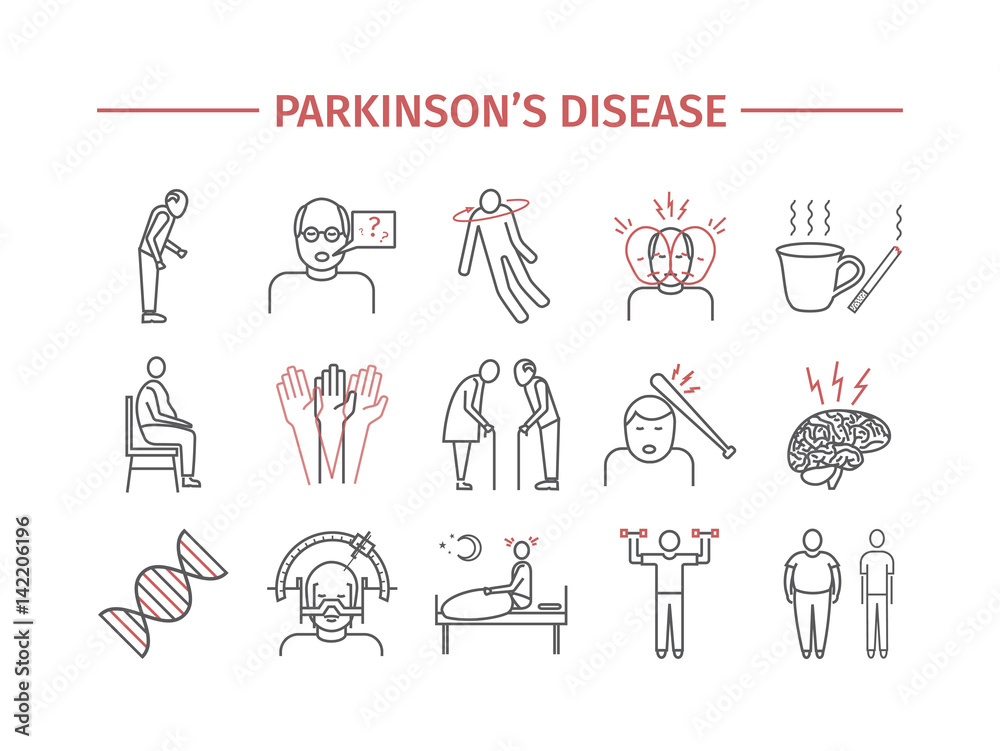 Parkinson's disease. Symptoms, Treatment. Line icons set. Vector signs ...