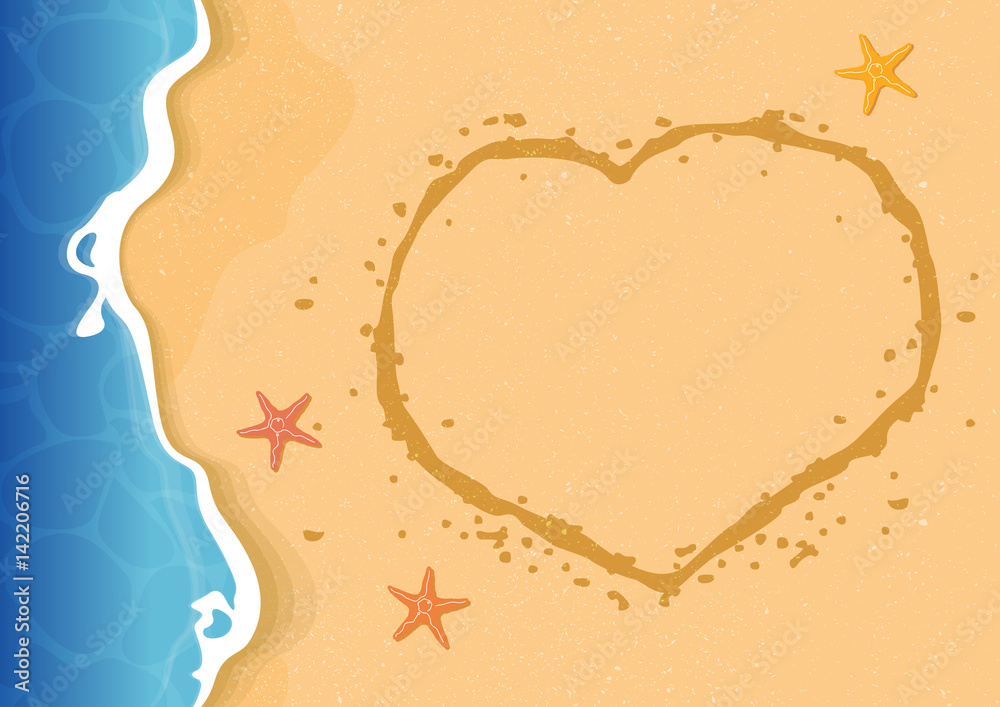 Summer beach texture background with a heart shape on sand. Vector ...