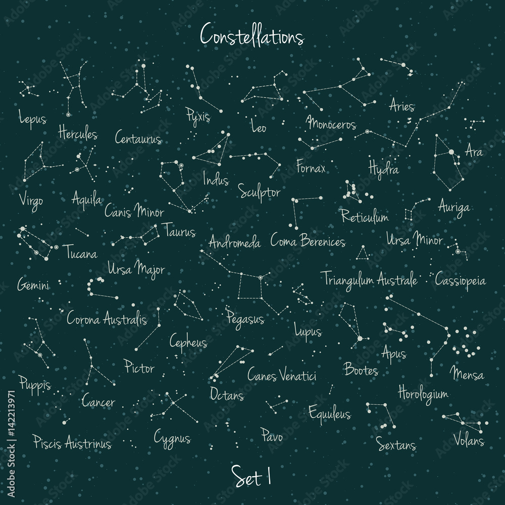 Vector big set of 45 constellations on green retro background ...