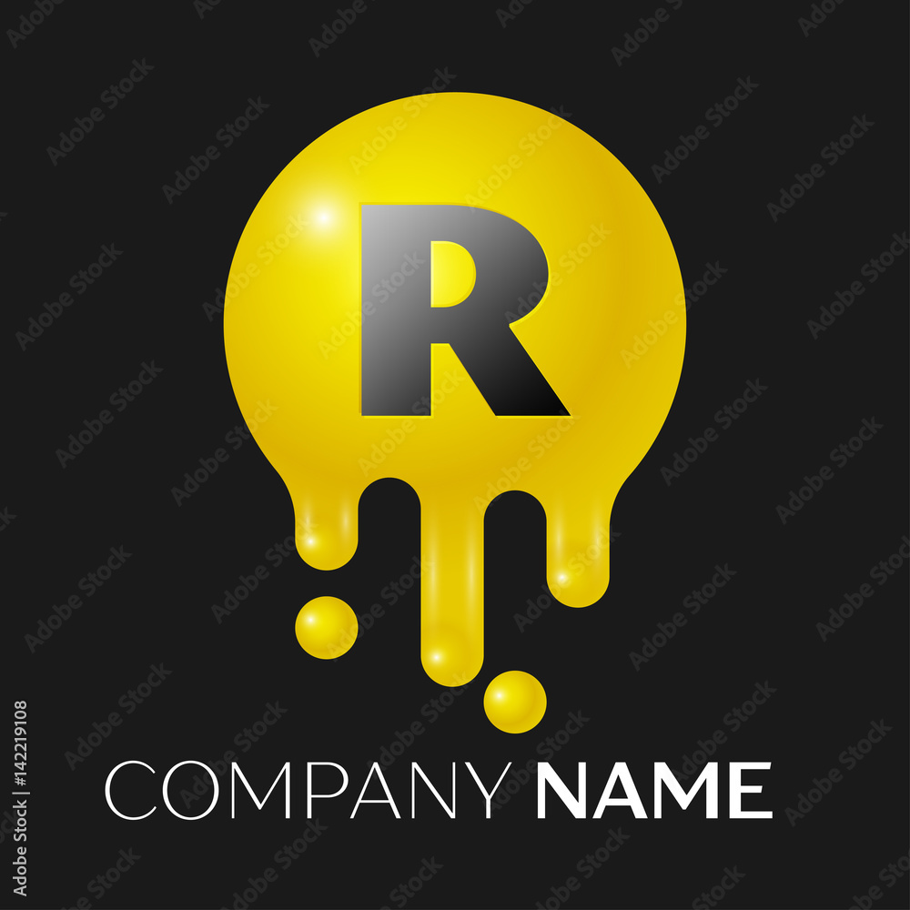 R Letter splash logo. Yellow dots and bubbles letter design on black ...