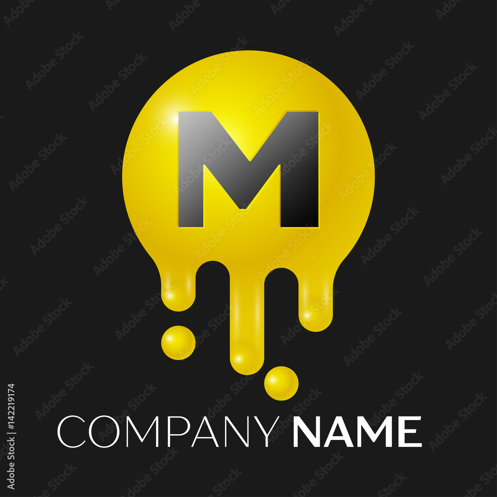 M Letter splash logo. Yellow dots and bubbles letter design on black ...