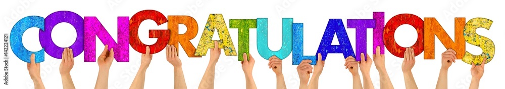 hands holding up colorful letters shaping the word congratulations ...