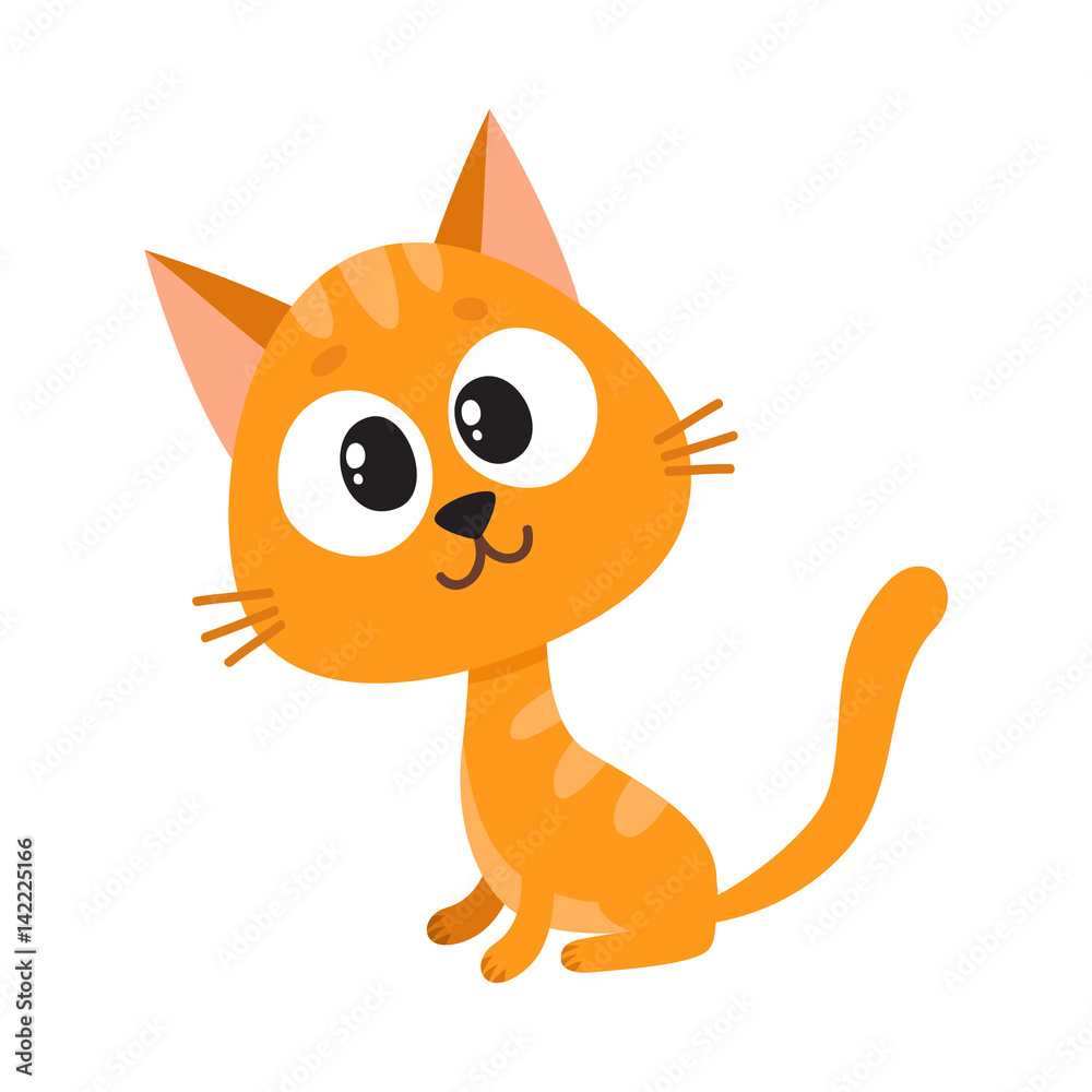 Cute and funny red cat character, sitting and looking curiously ...