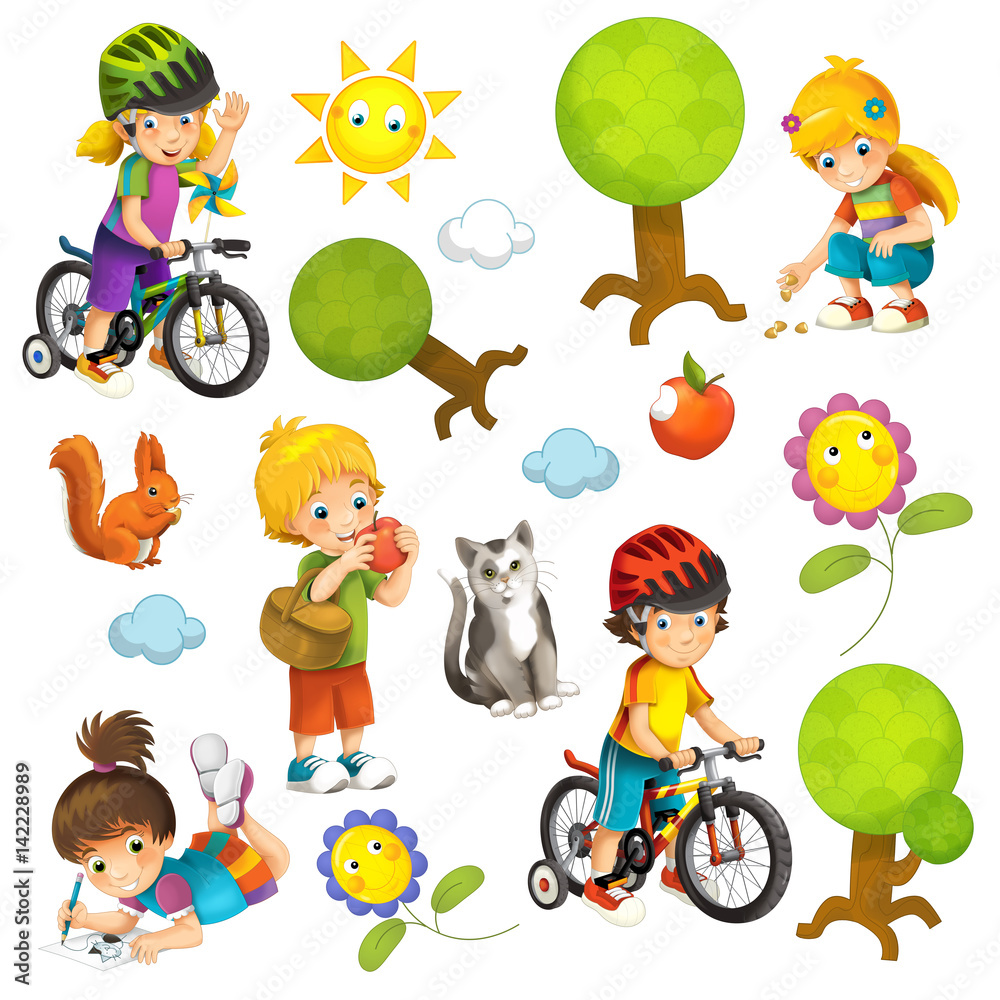 cartoon scene with set of different elements people and summer activity ...