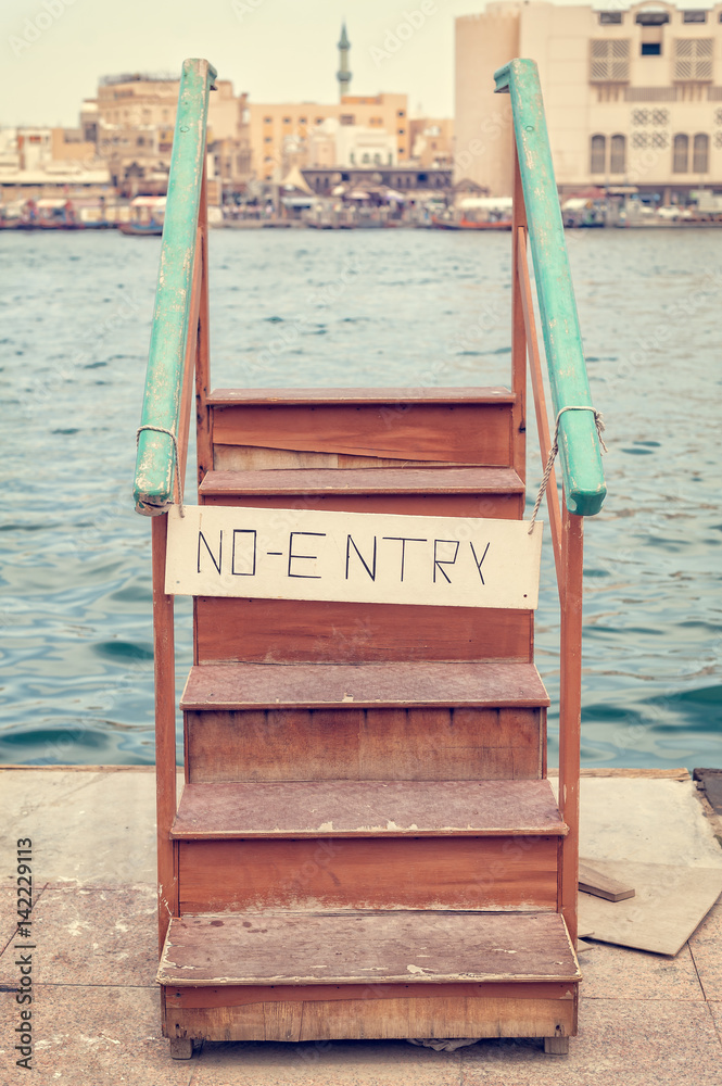 Wooden staircase with no entry sign. Conceptual image. Stock Photo ...