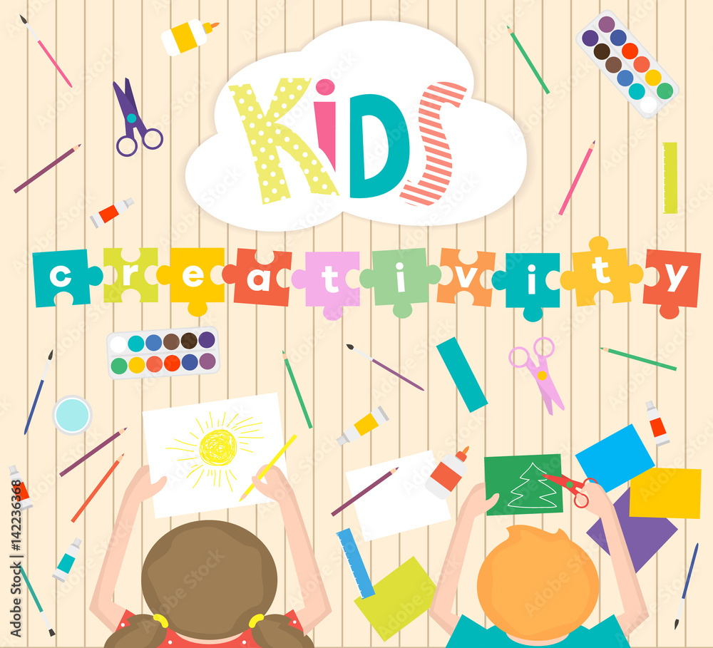Kids Art-working process background. Kids creativity vector ...