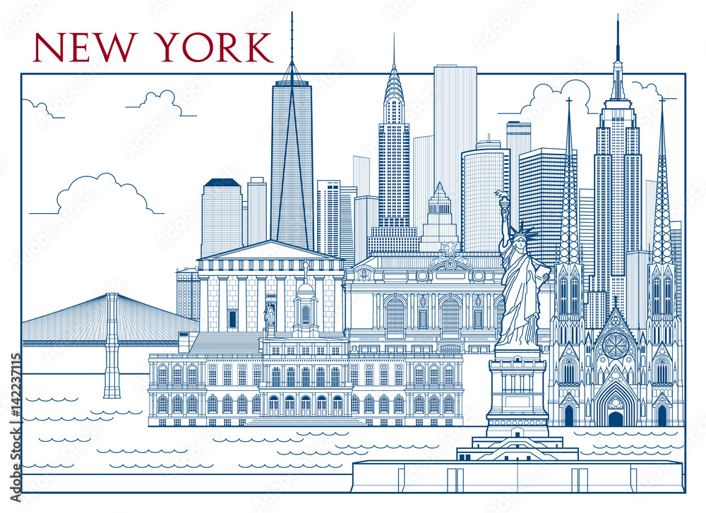 New York Attractions. Handmade drawing vector illustration. All ...