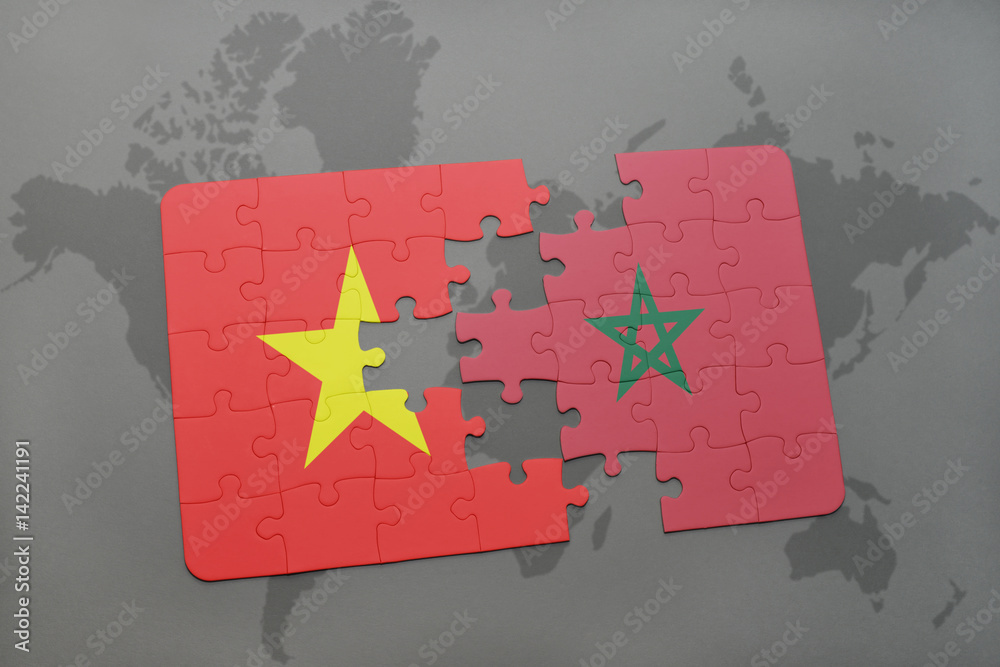 puzzle with the national flag of vietnam and morocco on a world map ...