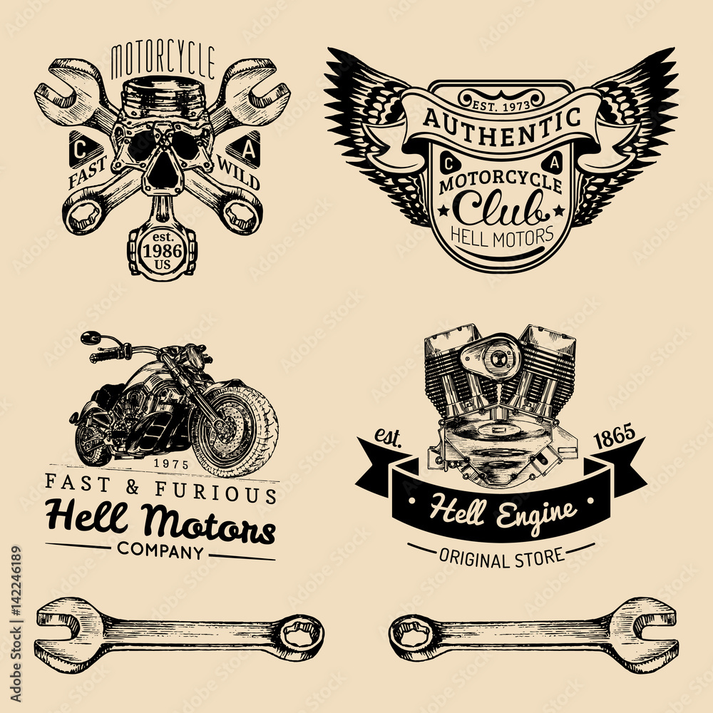 Vector biker club signs. Motorcycle repair logos set. Retro hand ...