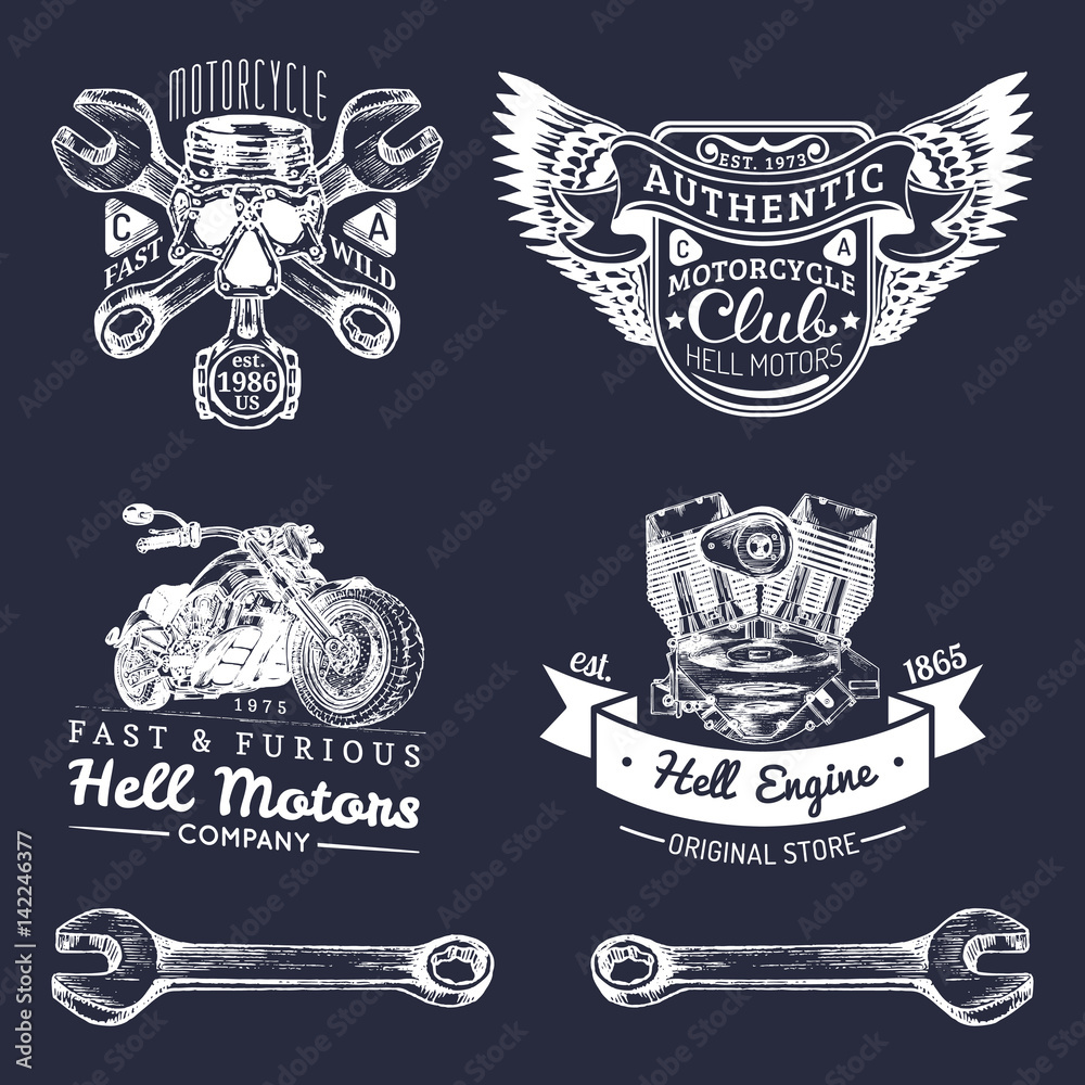 Vector biker club signs. Motorcycle repair logos set. Retro hand ...