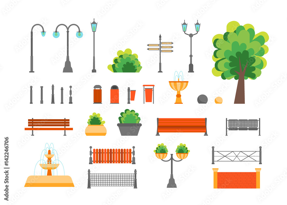 Cartoon Color Urban Park Elements Set. Vector Stock Vector | Adobe Stock
