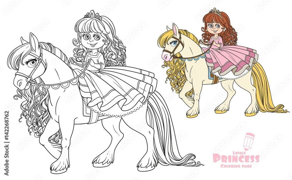 Cute little princess riding on a white horse color and outlined picture ...