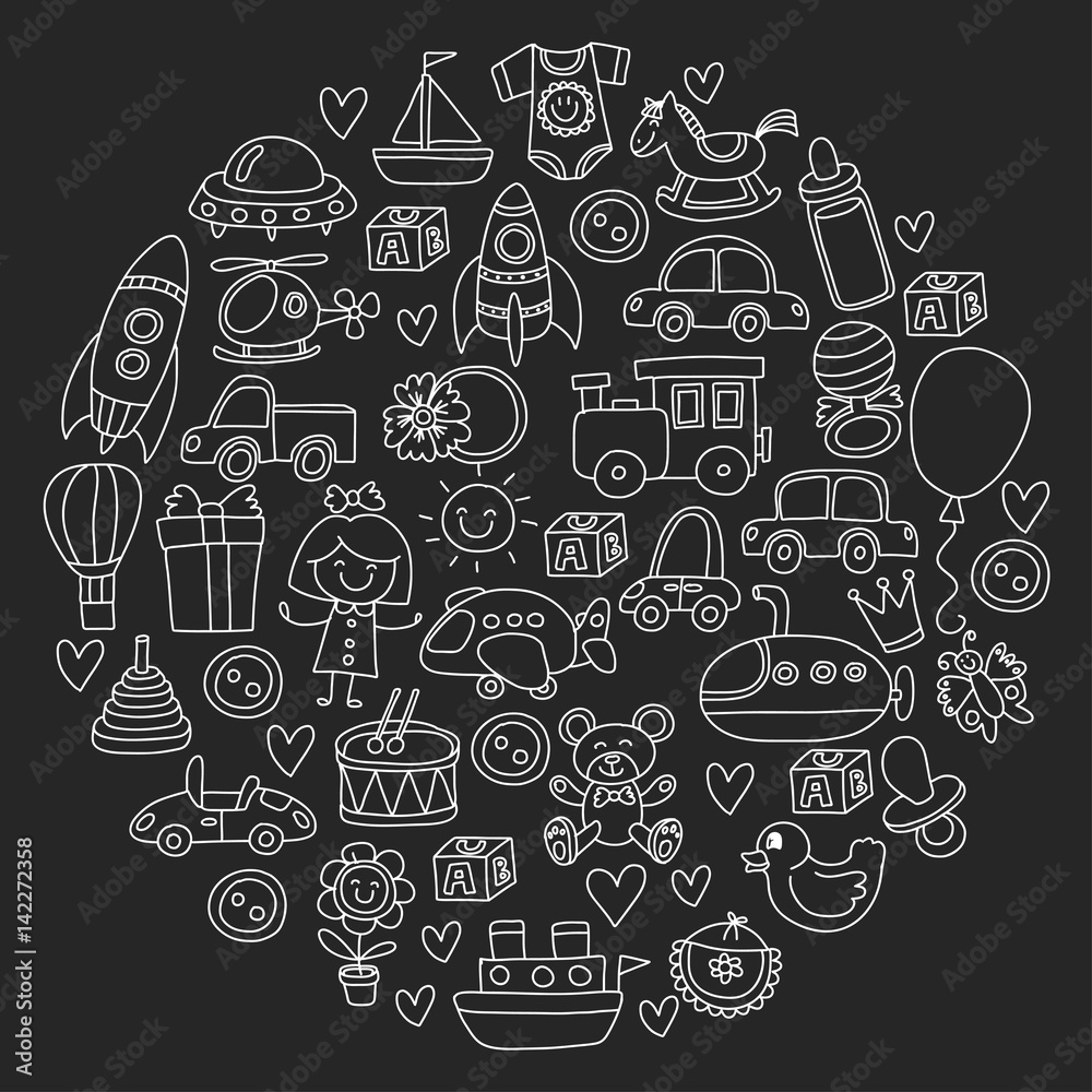 Vector doodle set with toys for shop, store, kindergarten, nursery Hand ...